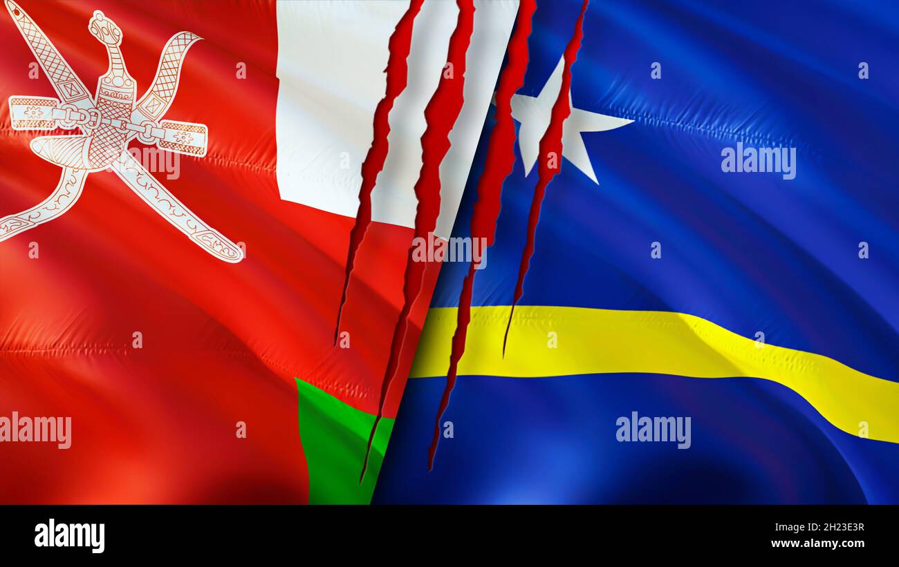 Oman and Curacao flags with scar concept. Waving flag,3D rendering ...