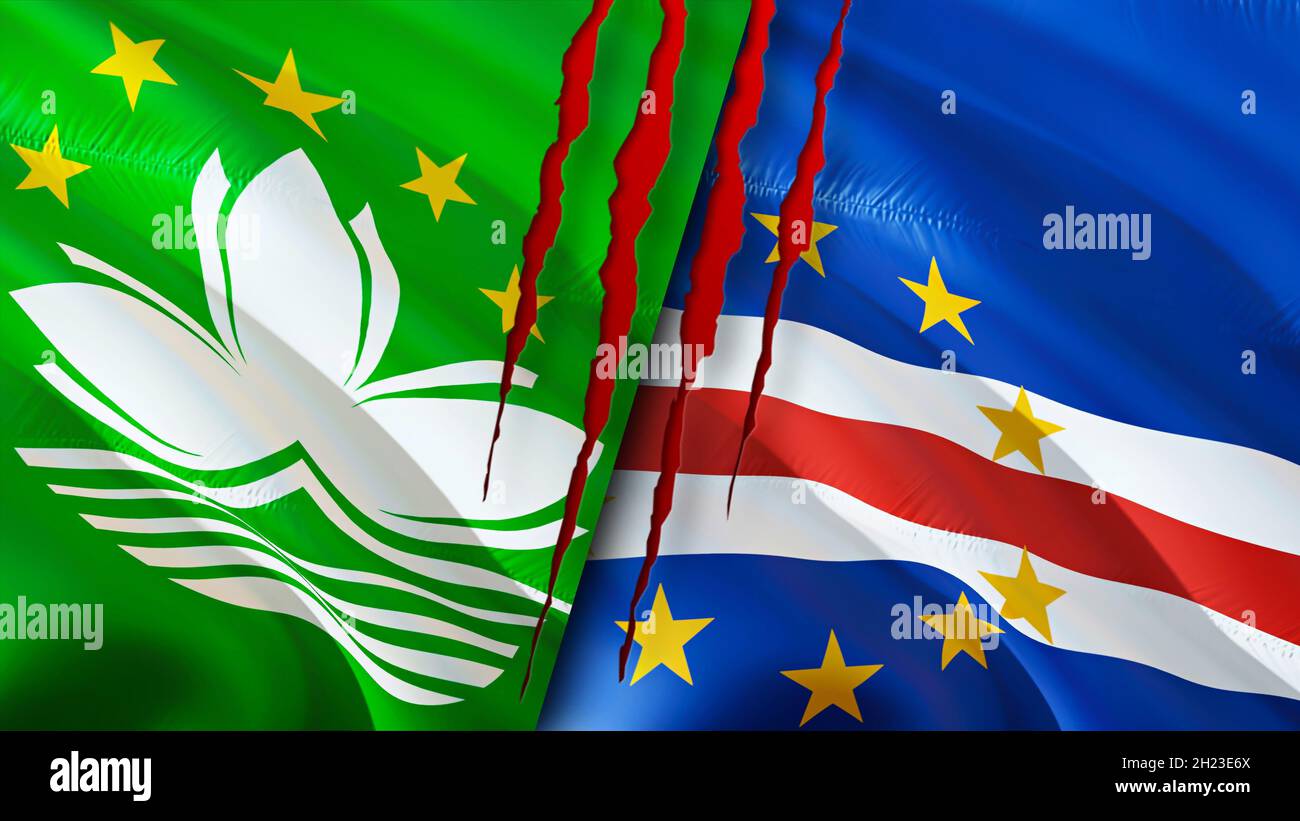 Macau and Cape Verde flags with scar concept. Waving flag,3D rendering ...