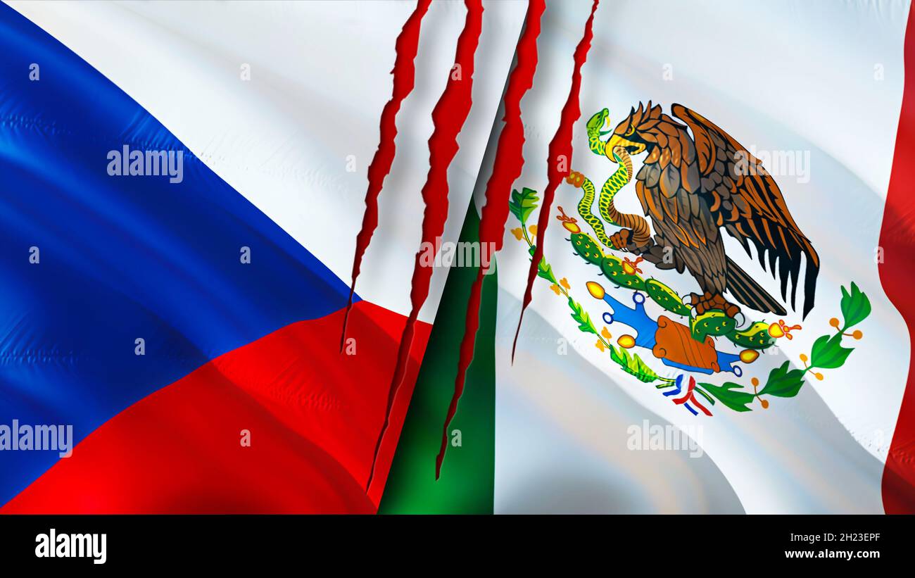 Czechia and Mexico flags with scar concept. Waving flag,3D rendering ...