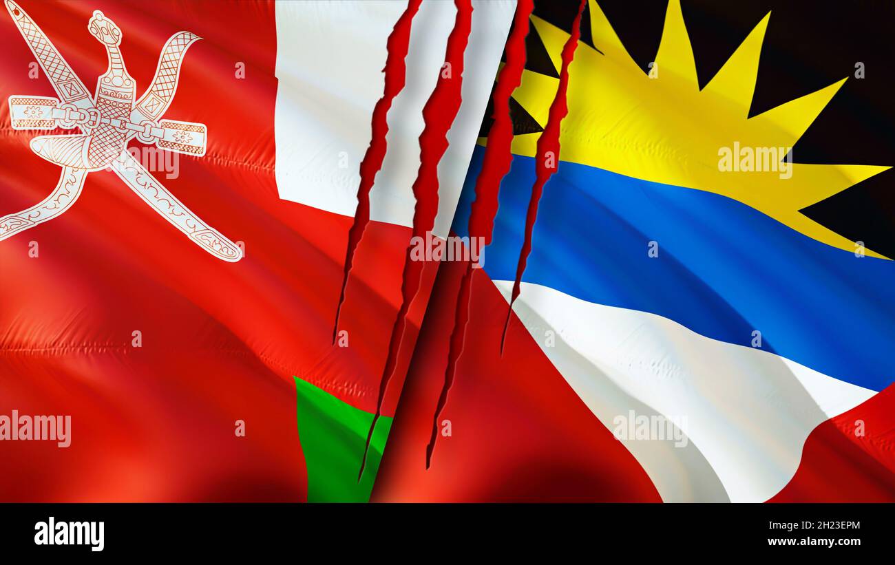 Oman and Antigua and Barbuda flags with scar concept. Waving flag,3D ...