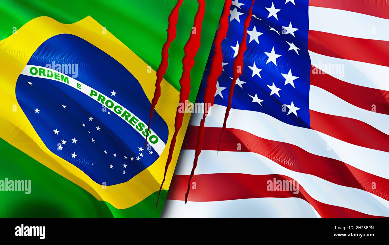 Brazil and United States flags with scar concept. Waving flag 3D ...