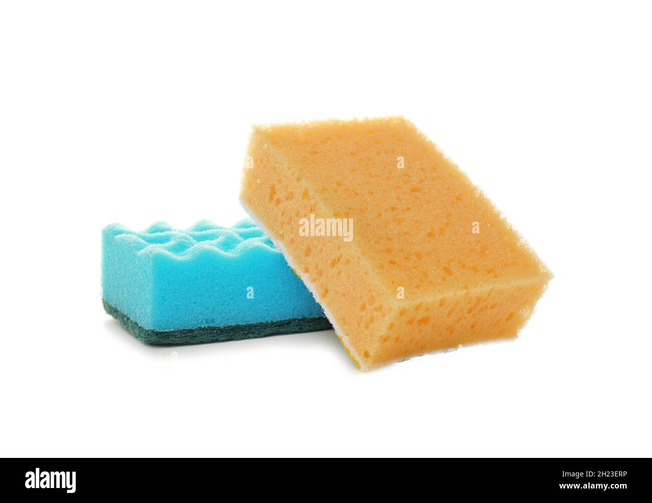 New sponges on white background. Cleaning supplies Stock Photo - Alamy