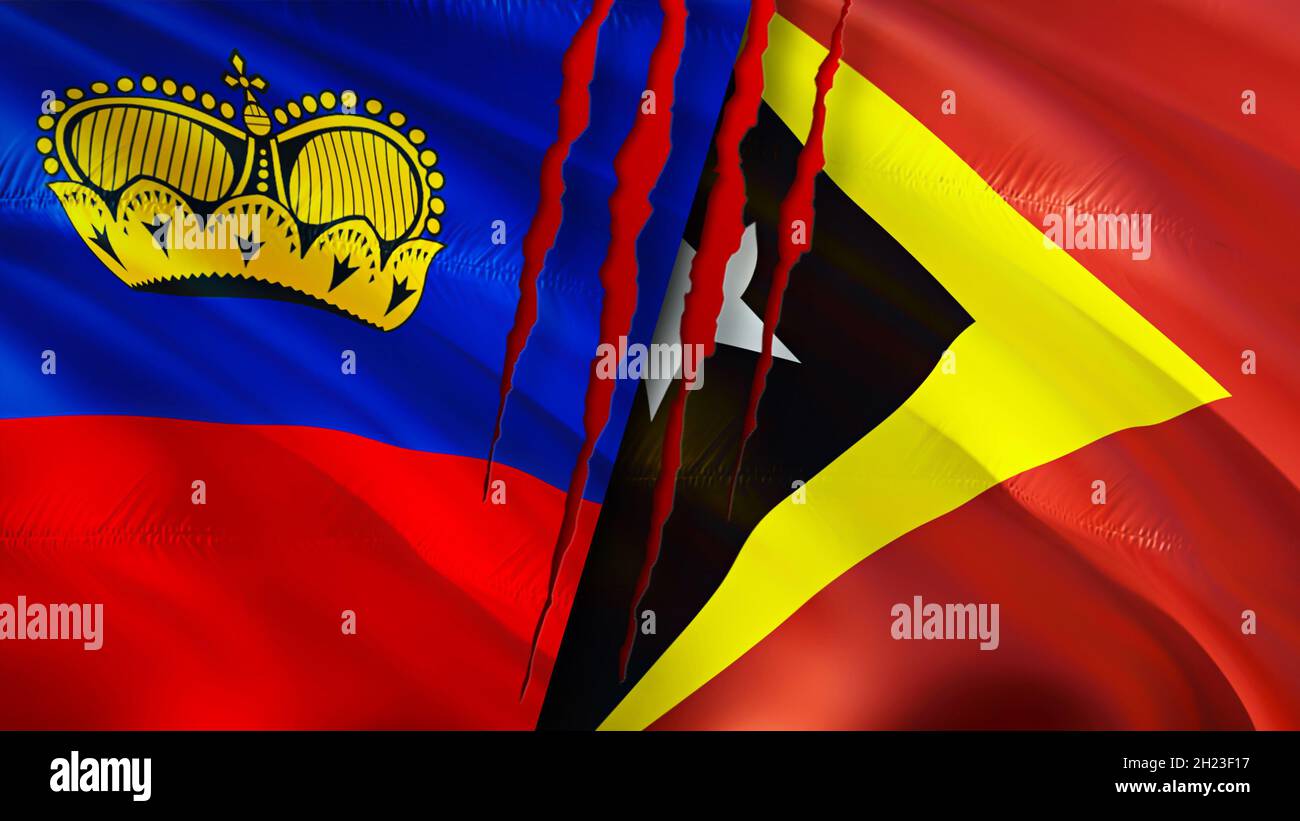 Liechtenstein and East Timor flags with scar concept. Waving flag,3D ...