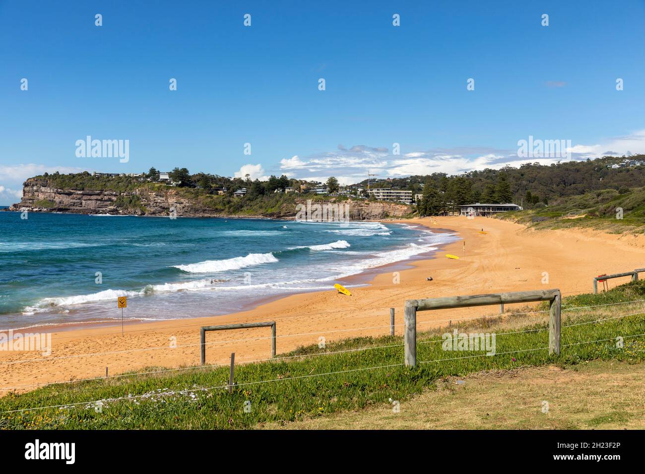 Avalon Beach in Sydney on a spring day, blue skies and rolling waves ...
