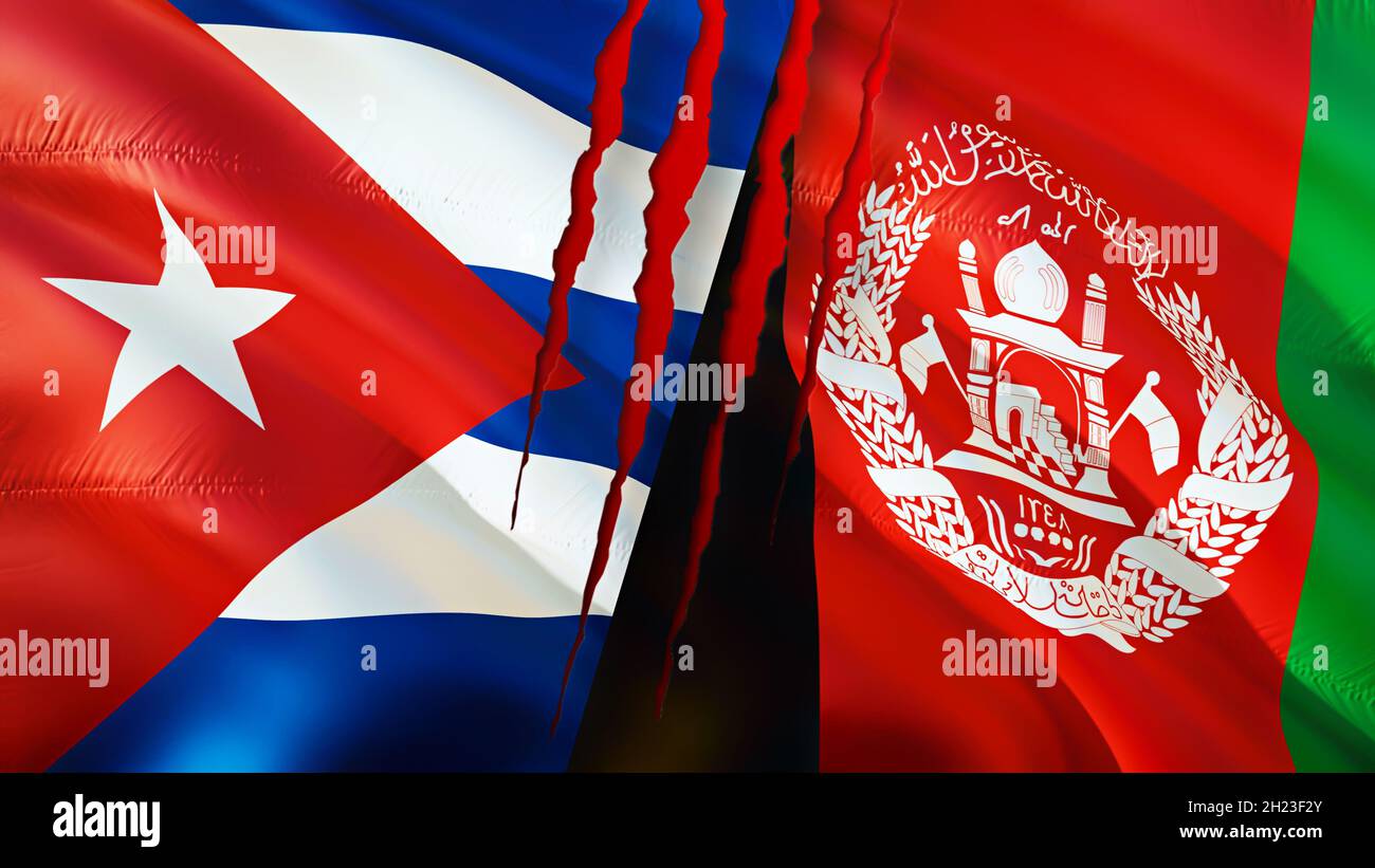 Cuba and Afghanistan flags with scar concept. Waving flag 3D rendering. Cuba and Afghanistan ...