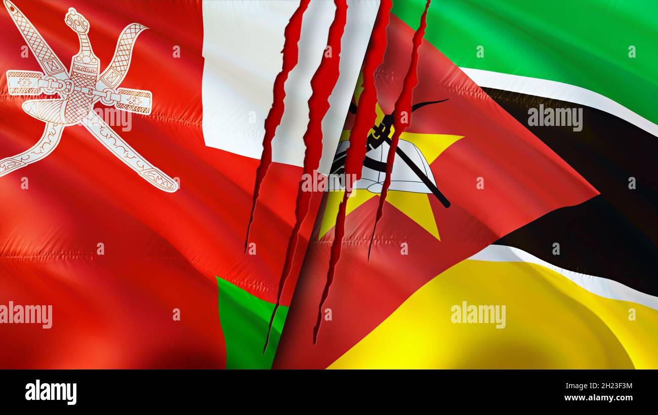 Oman and Mozambique flags with scar concept. Waving flag,3D rendering ...