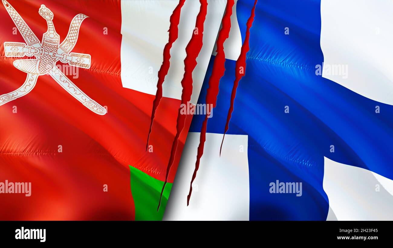 Oman and Finland flags with scar concept. Waving flag,3D rendering ...