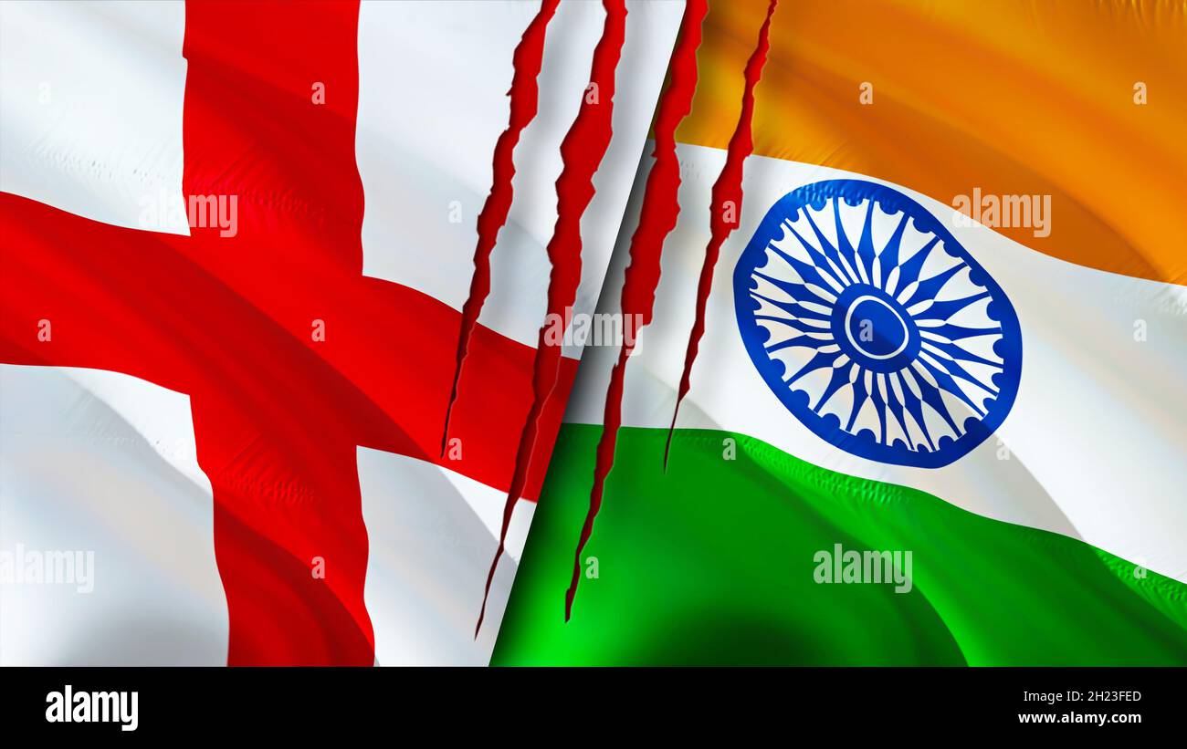 England and India flags with scar concept. Waving flag,3D rendering ...