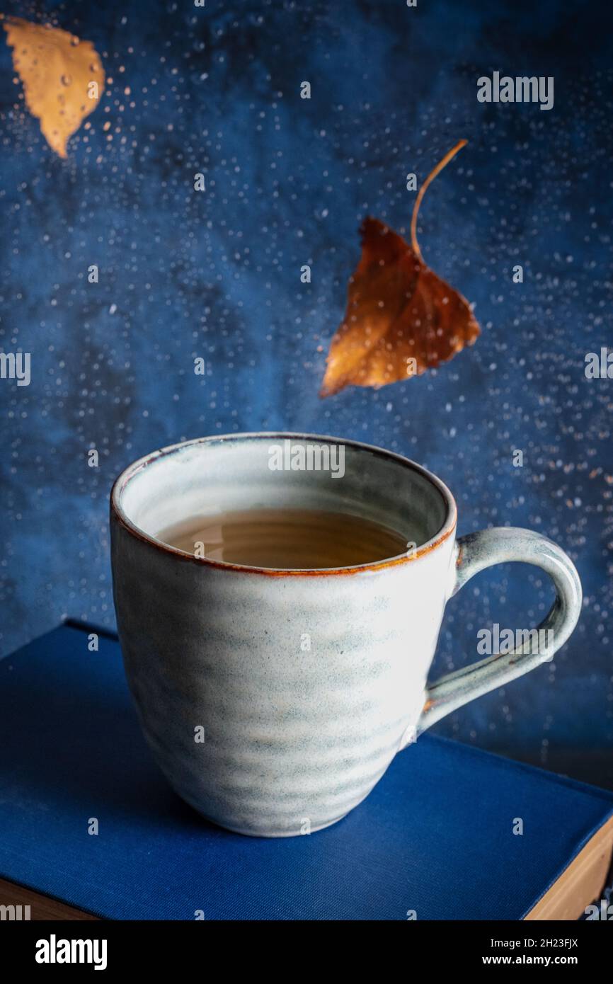 Autumn mood. Books and tea, falling autumn leaves and rain. Nostalgic ...