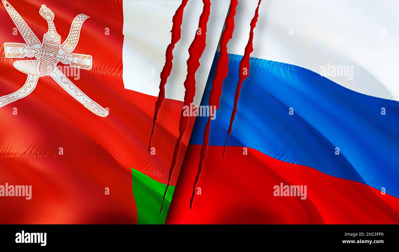 Oman and Russia flags with scar concept. Waving flag,3D rendering ...