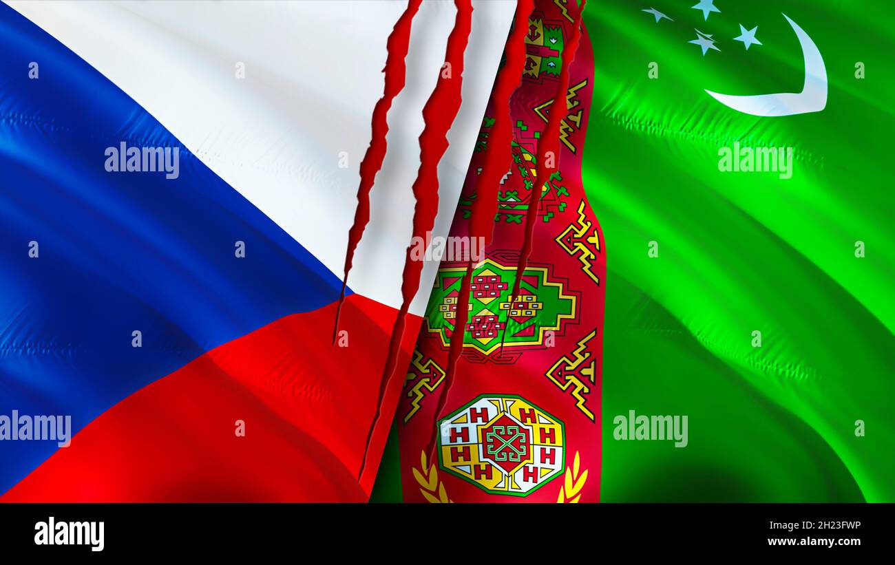 Czechia and Turkmenistan flags with scar concept. Waving flag,3D ...