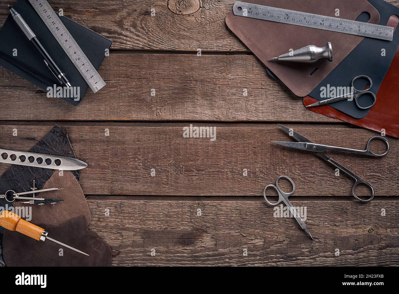Leather crafting. Tools flat lay still life Stock Photo - Alamy