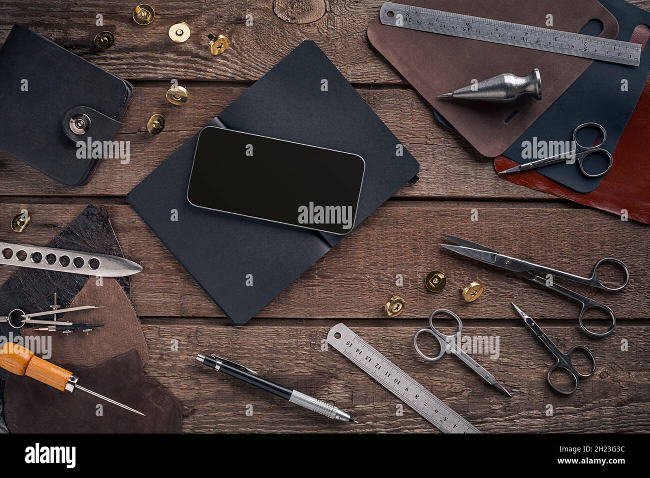 Leather craft or leather working. Leather working tools and cut out ...