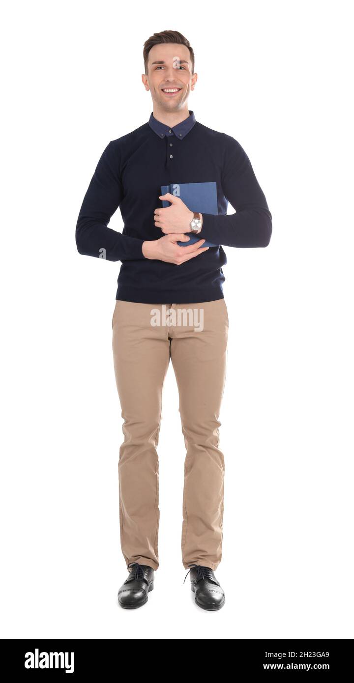 Young male teacher with books on white background Stock Photo - Alamy