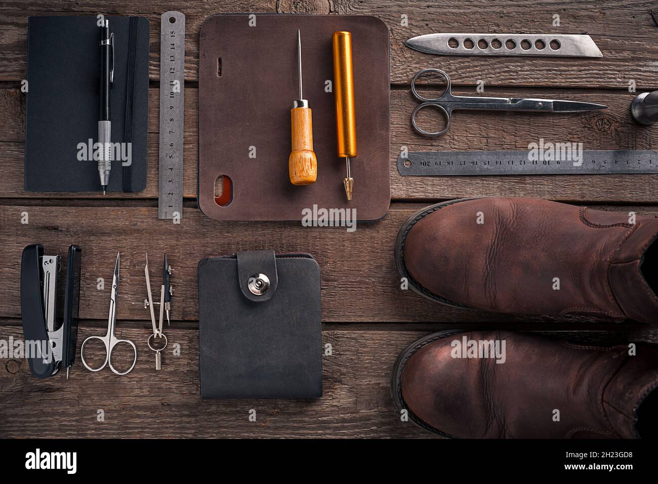 Leather craft or leather working. Leather working tools and cut out ...