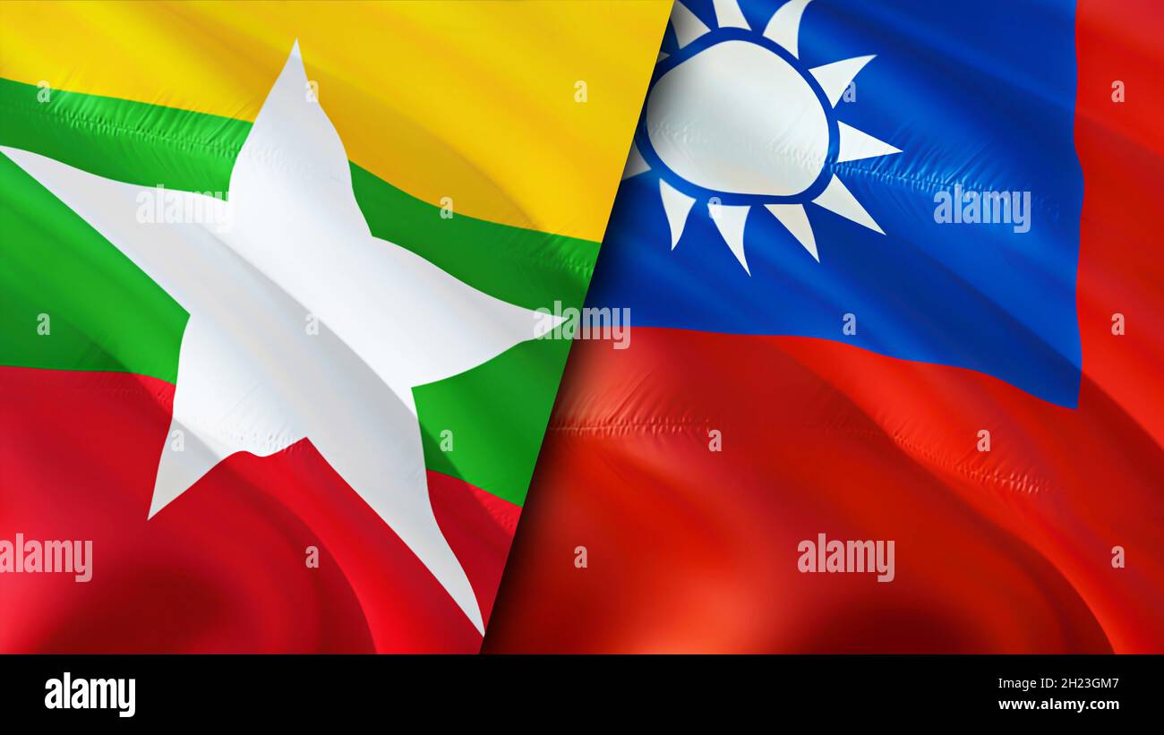 Myanmar and Taiwan flags. 3D Waving flag design. Taiwan Myanmar flag ...