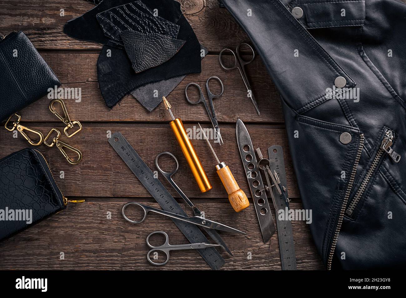 Leather craft or leather working. Leather working tools and cut out ...