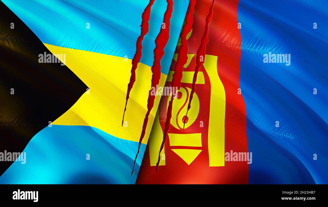 Bahamas and Mongolia flags with scar concept. Waving flag,3D rendering ...