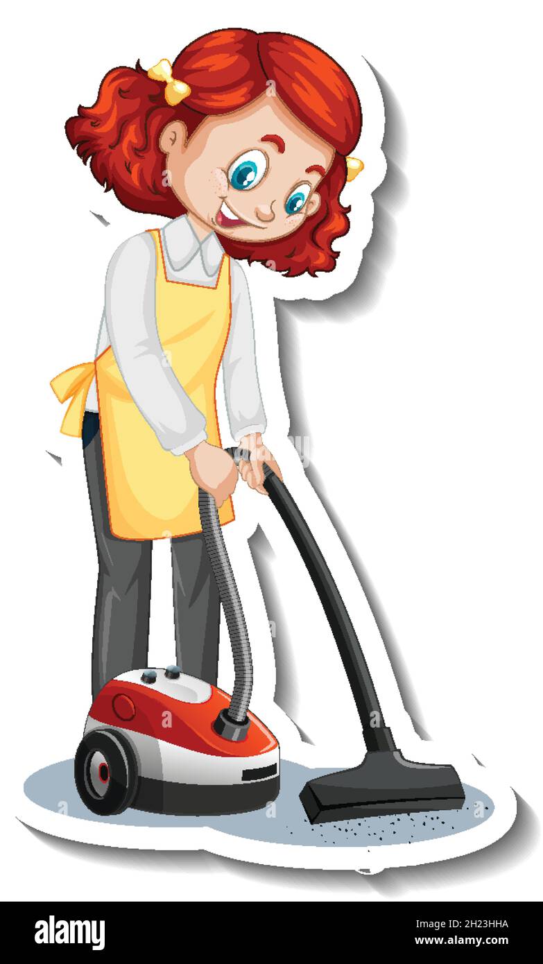 Cartoon character sticker with a house maid using vacuum cleaner ...