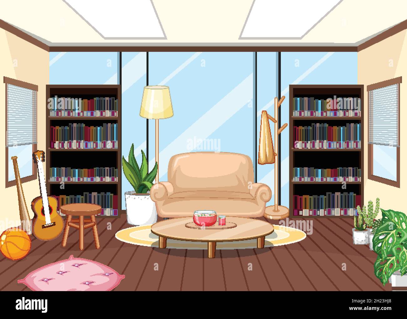 Empty library interior design with bookshelves illustration Stock ...