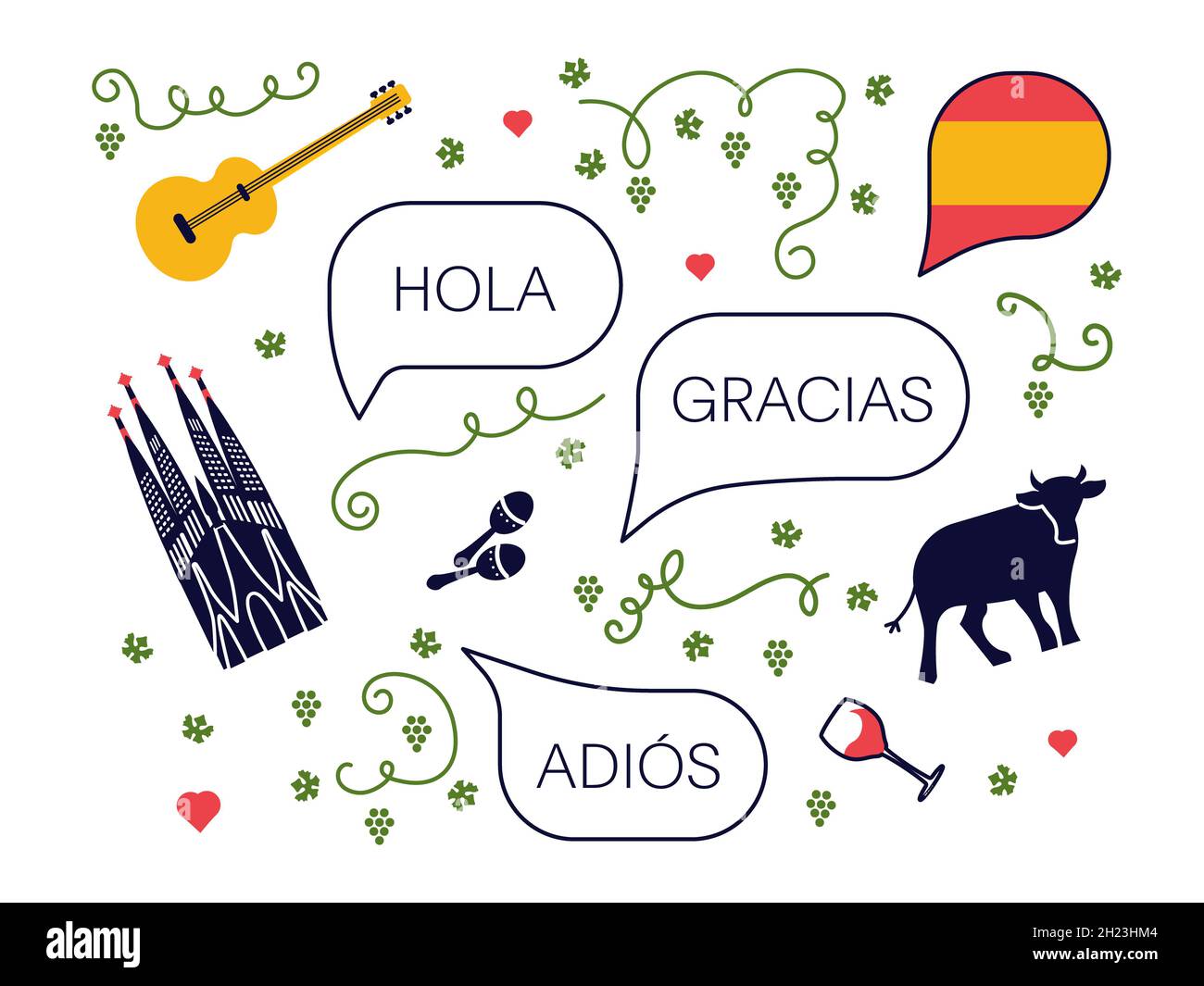 Set of traditional Spain culture symbols, objects and bubble speeches ...