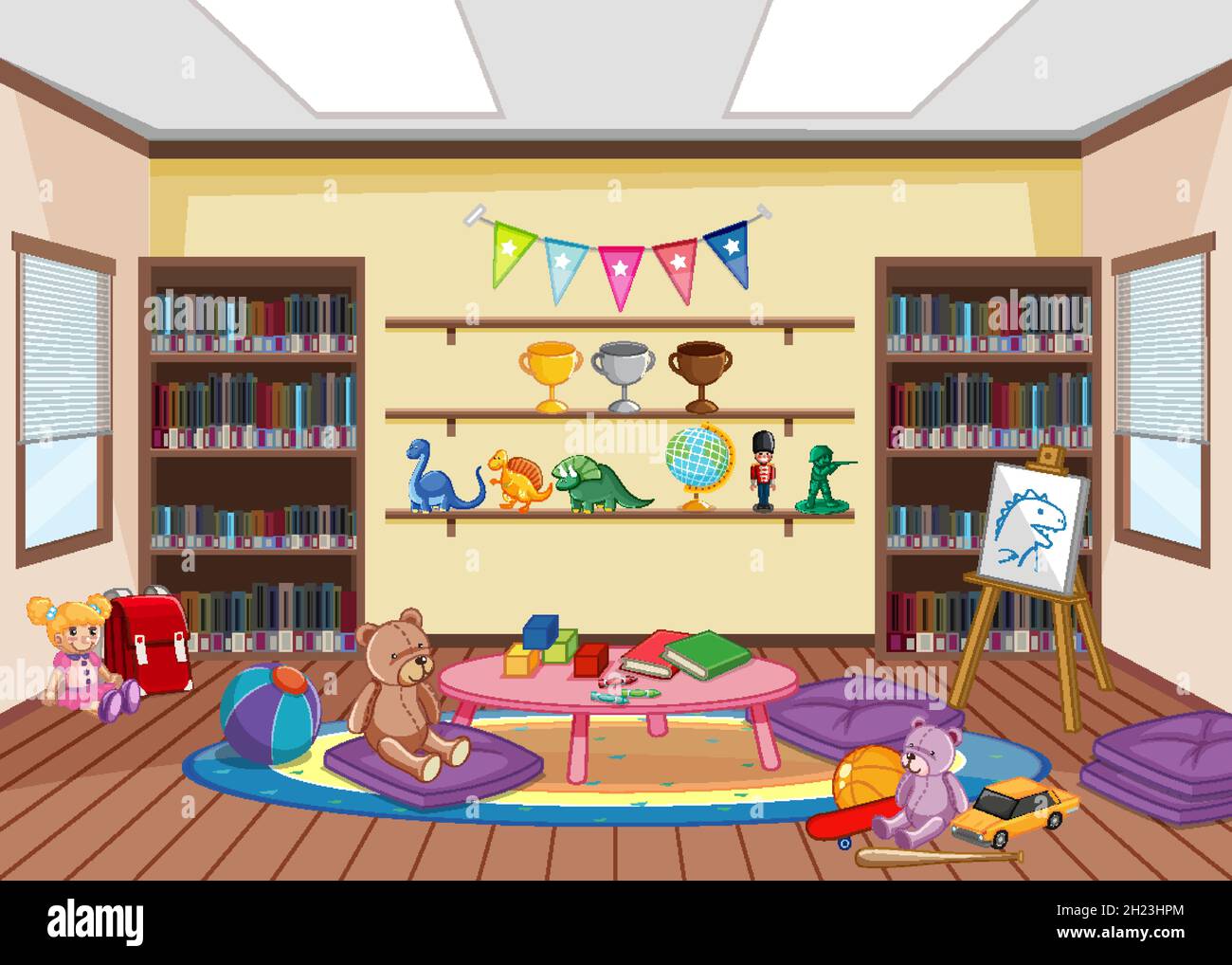 Empty library interior design with bookshelves illustration Stock ...