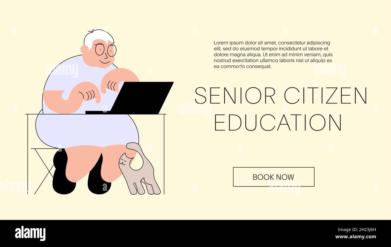 Landing webpage template of senior citizen education. Elderly woman ...