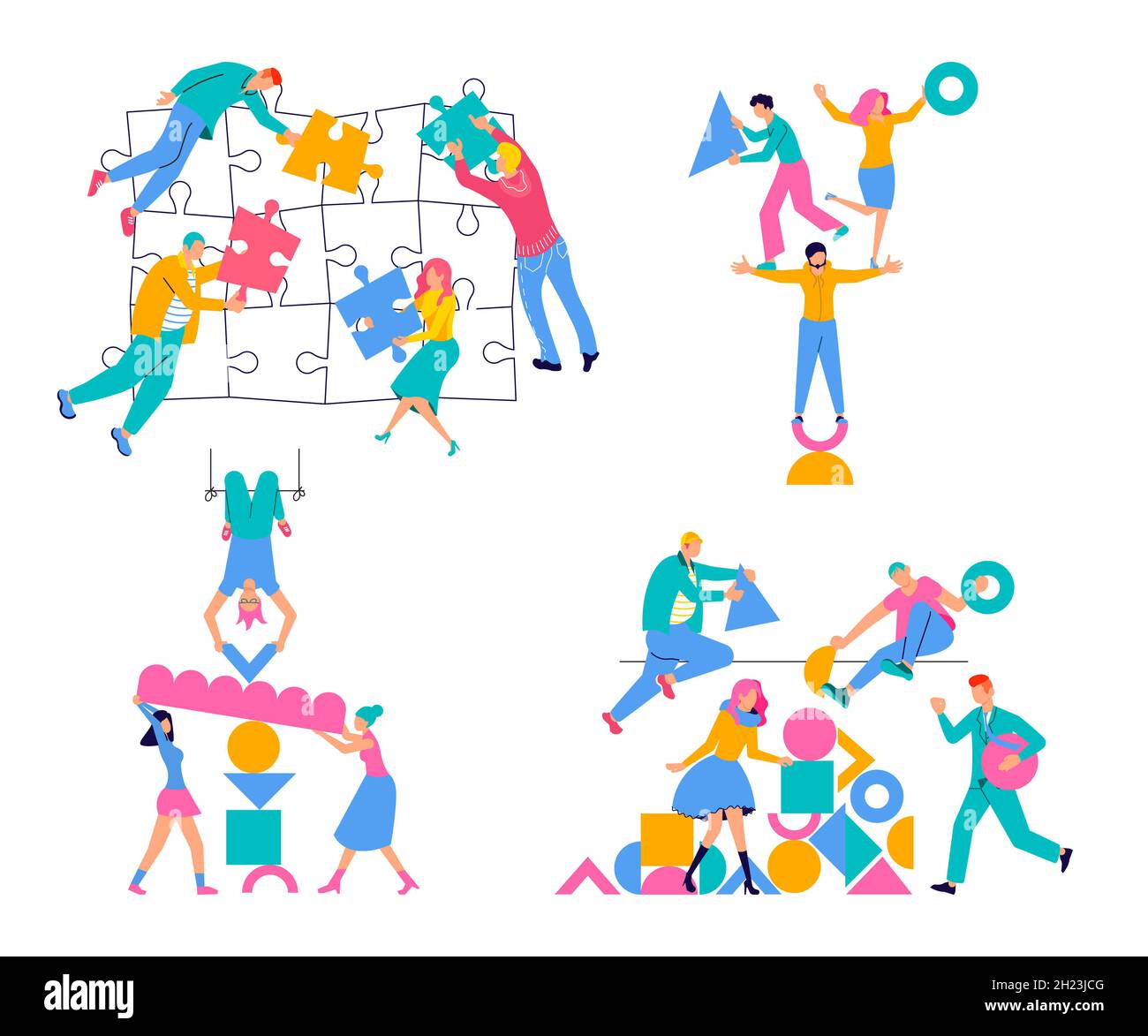 Set of Teamwork and cooperation metaphor. Business men and women ...