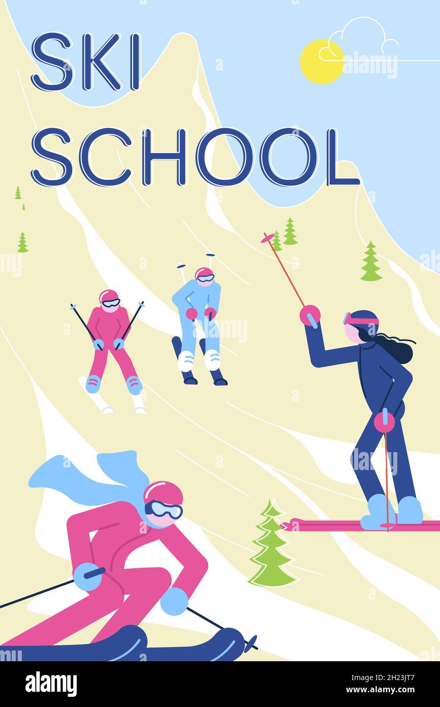 Ski Schoolbanner with group of student skiers with instructor. Flat Art ...