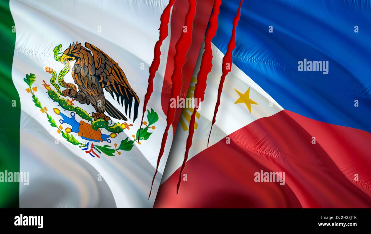 Mexico and Philippines flags with scar concept. Waving flag,3D ...