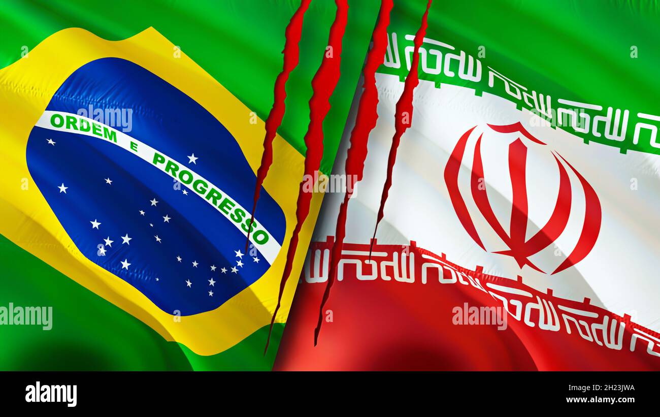 Brazil and Iran flags with scar concept. Waving flag 3D rendering ...