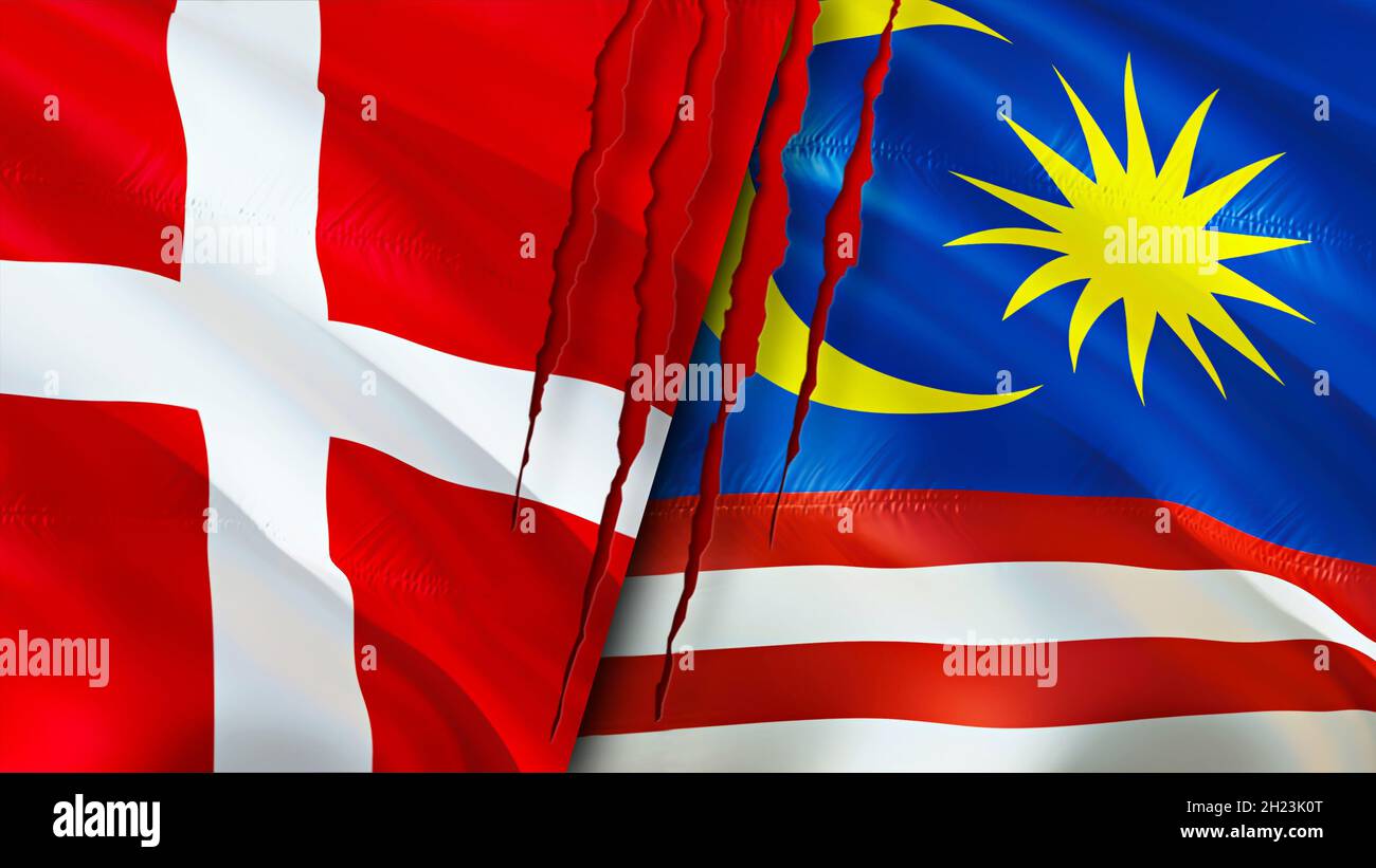 Denmark and Malaysia flags with scar concept. Waving flag,3D rendering ...