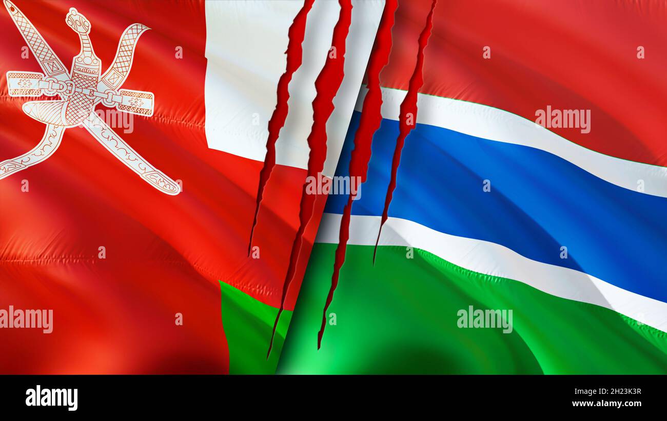 Oman and Gambia flags with scar concept. Waving flag,3D rendering ...