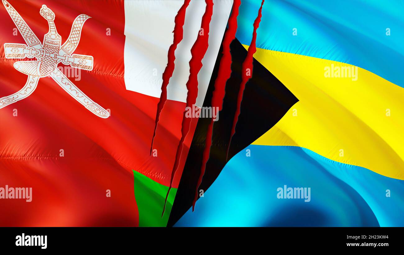 Oman and Bahamas flags with scar concept. Waving flag,3D rendering ...
