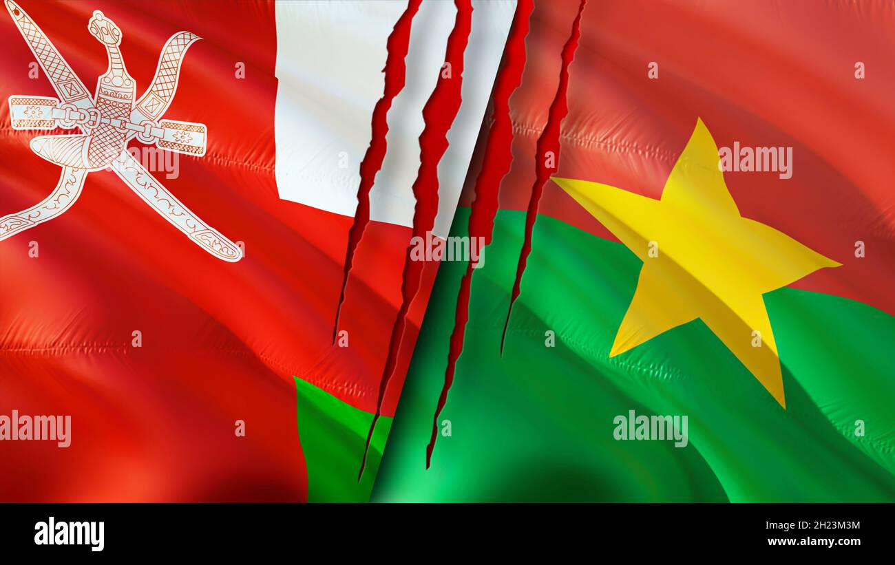 Oman and Burkina Faso flags with scar concept. Waving flag,3D rendering ...
