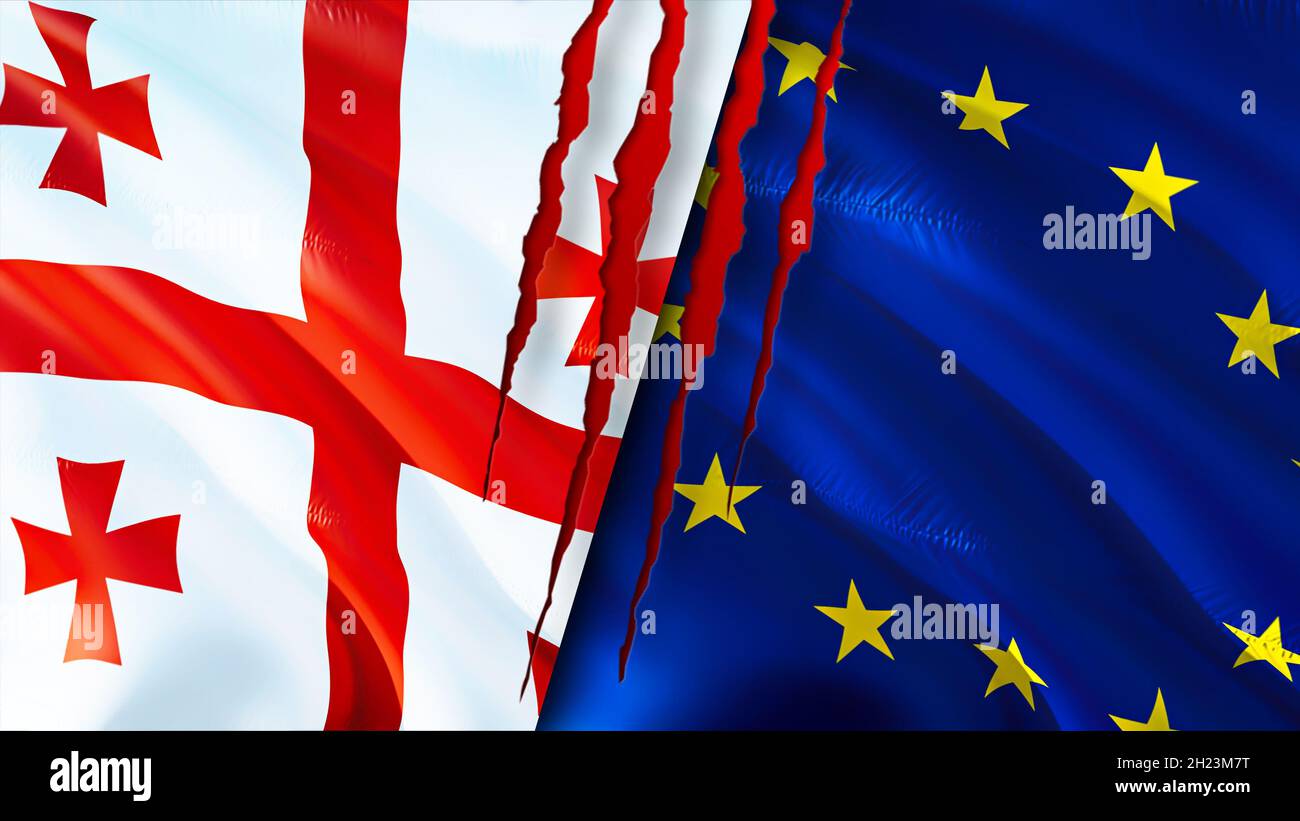 Georgia and European Union flags with scar concept. Waving flag,3D ...