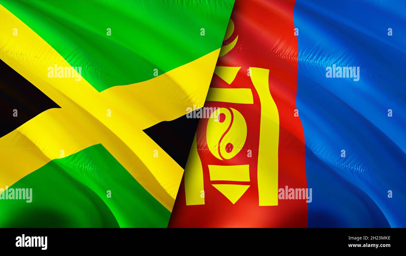 Jamaica and Mongolia flags. 3D Waving flag design. Jamaica Mongolia ...