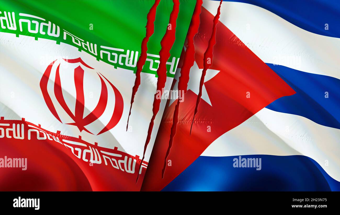 Iran and Cuba flags with scar concept. Waving flag,3D rendering. Cuba ...