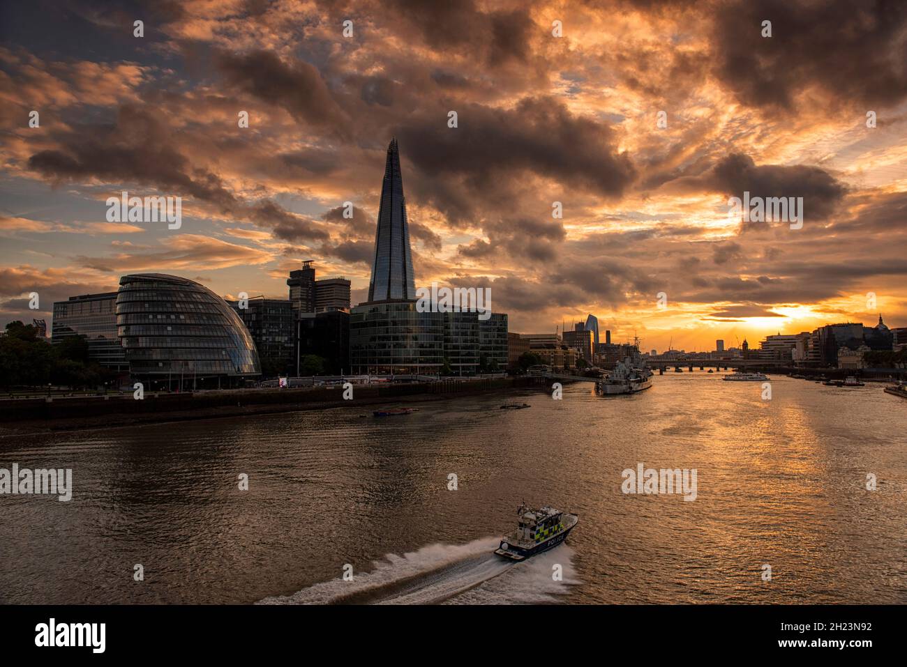 Sunset on the River Thames, captured from Tower Bridge, London England ...