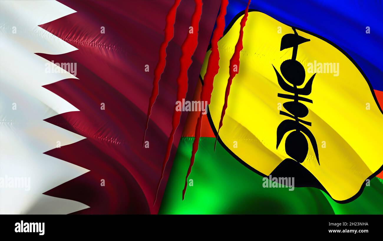 Qatar and New Caledonia flags with scar concept. Waving flag,3D ...