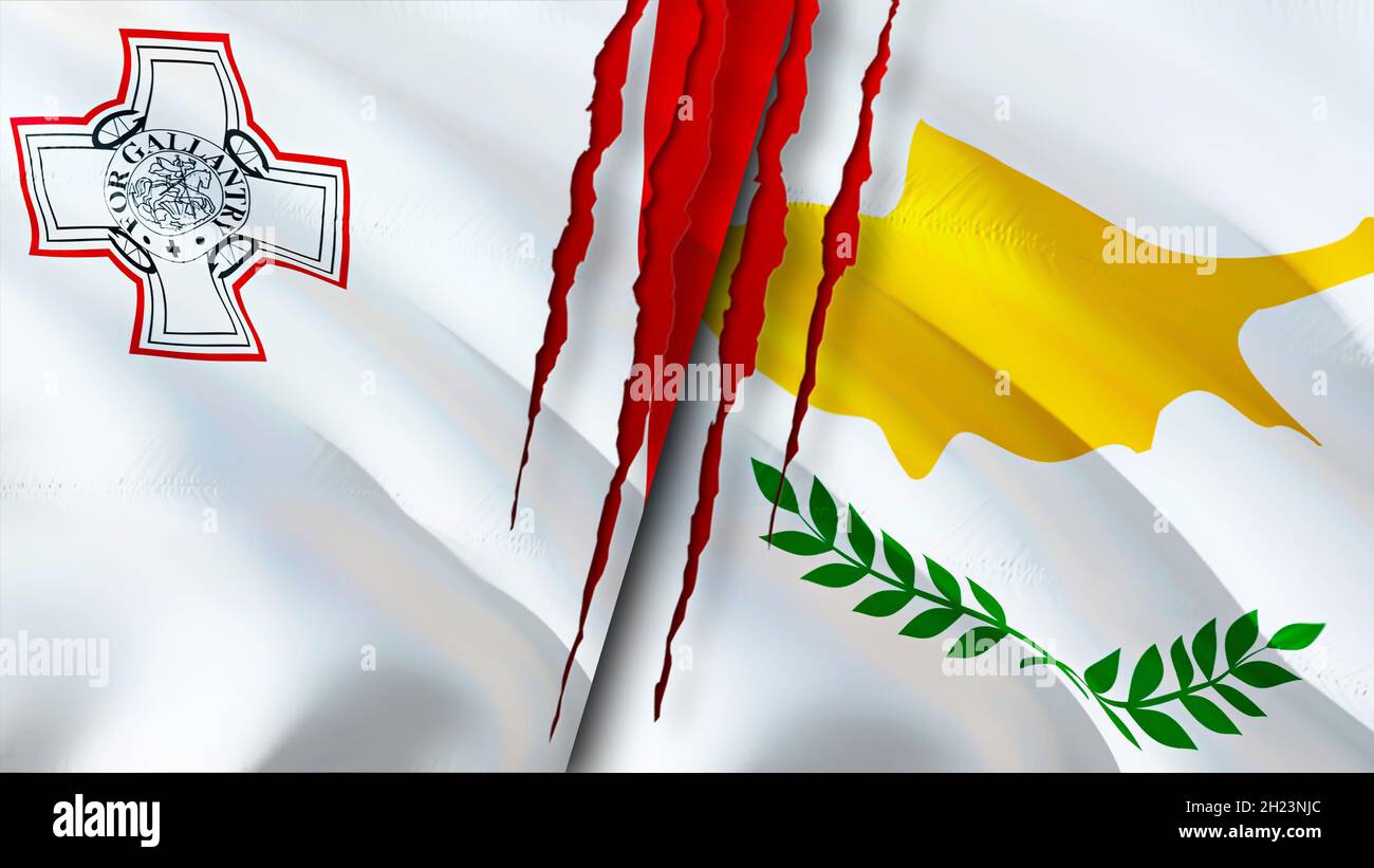 Malta and Cyprus flags with scar concept. Waving flag,3D rendering ...
