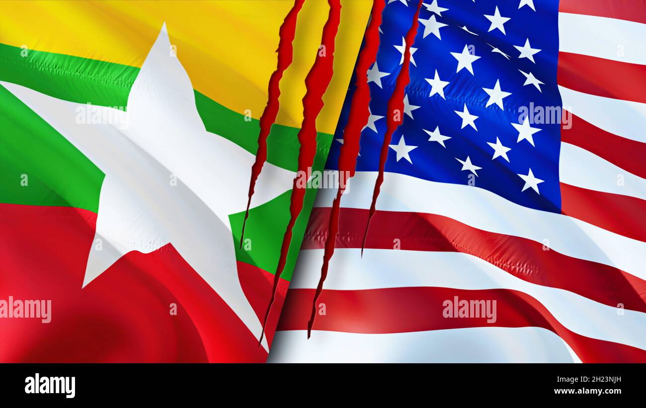 Myanmar and United States flags with scar concept. Waving flag,3D ...
