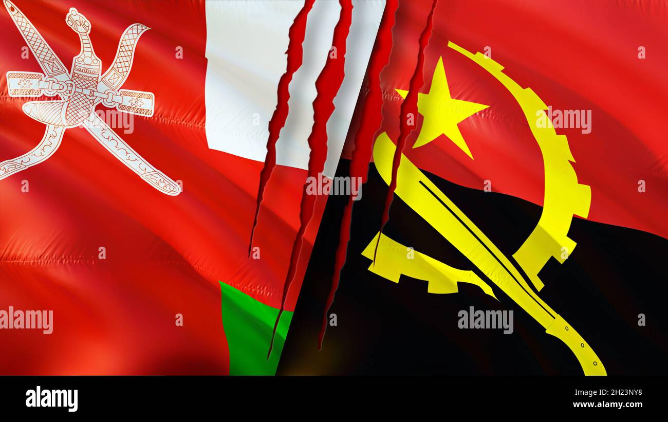 Oman and Angola flags with scar concept. Waving flag,3D rendering ...