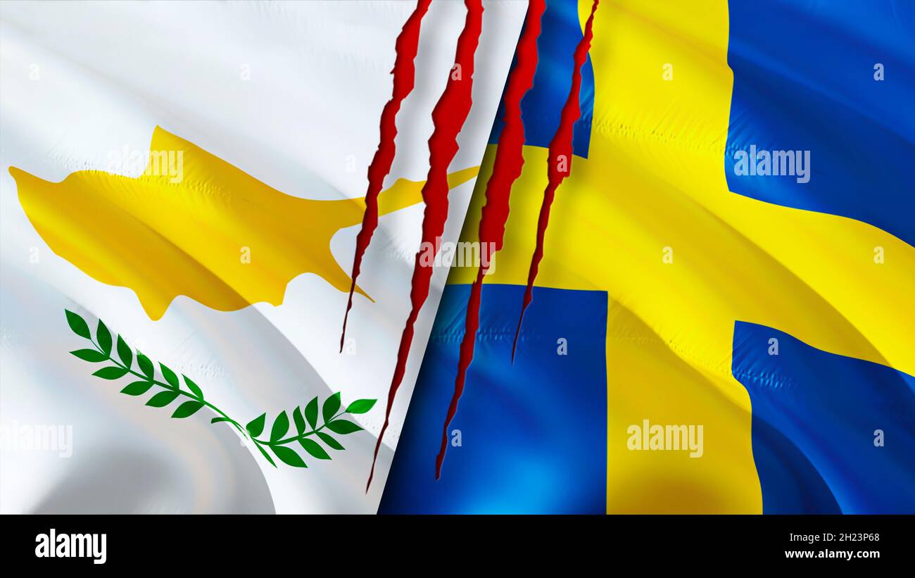 Cyprus and Sweden flags with scar concept. Waving flag,3D rendering ...