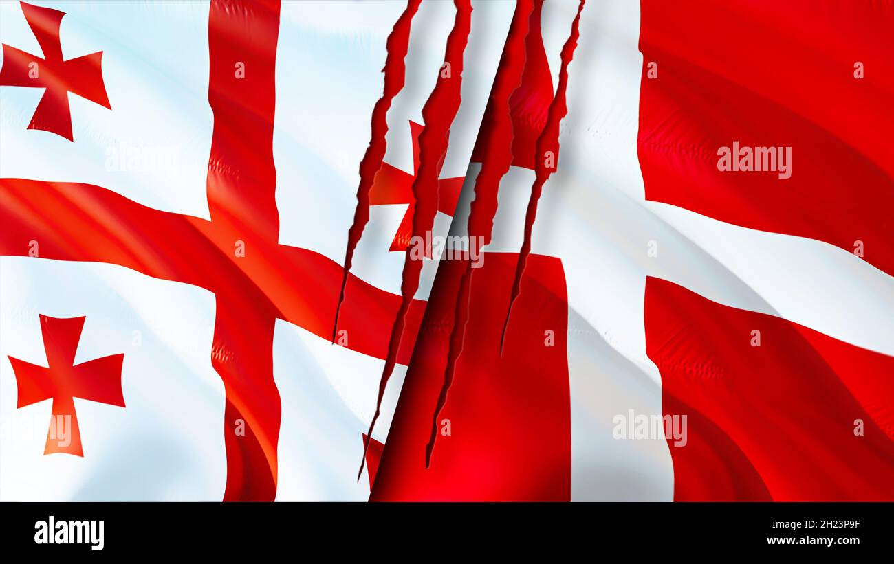 Georgia and Denmark flags with scar concept. Waving flag,3D rendering ...