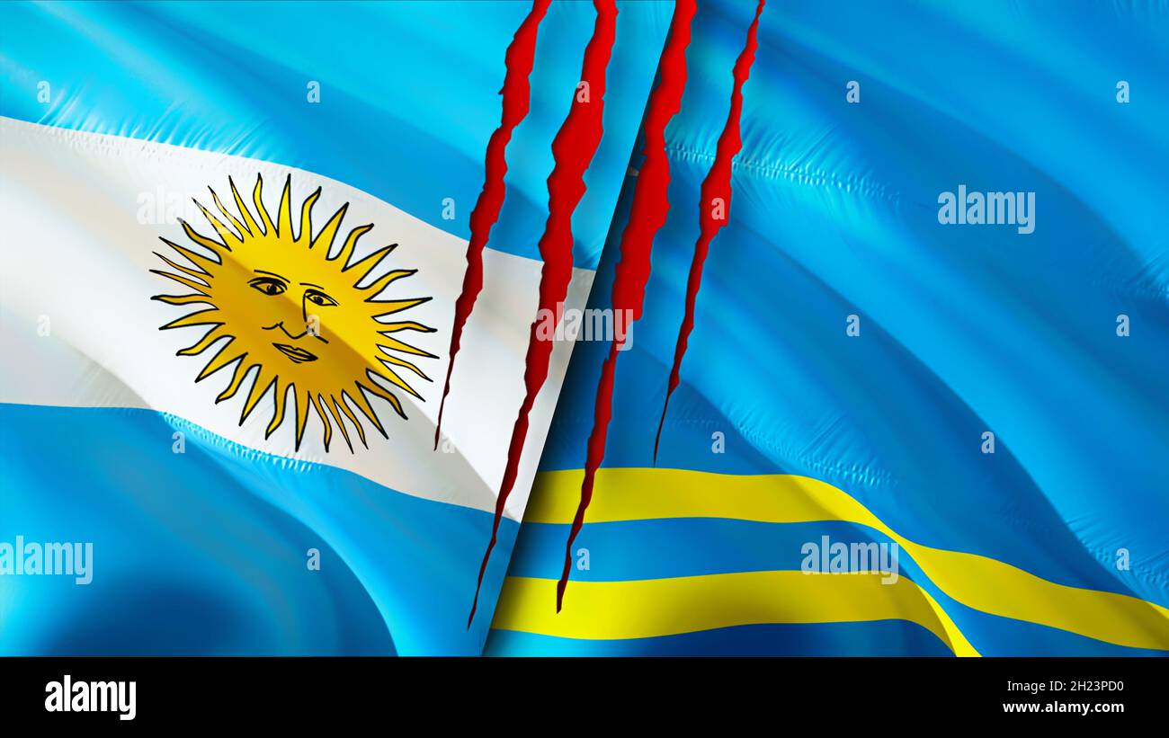 Argentina and Aruba flags with scar concept. Waving flag 3D rendering ...