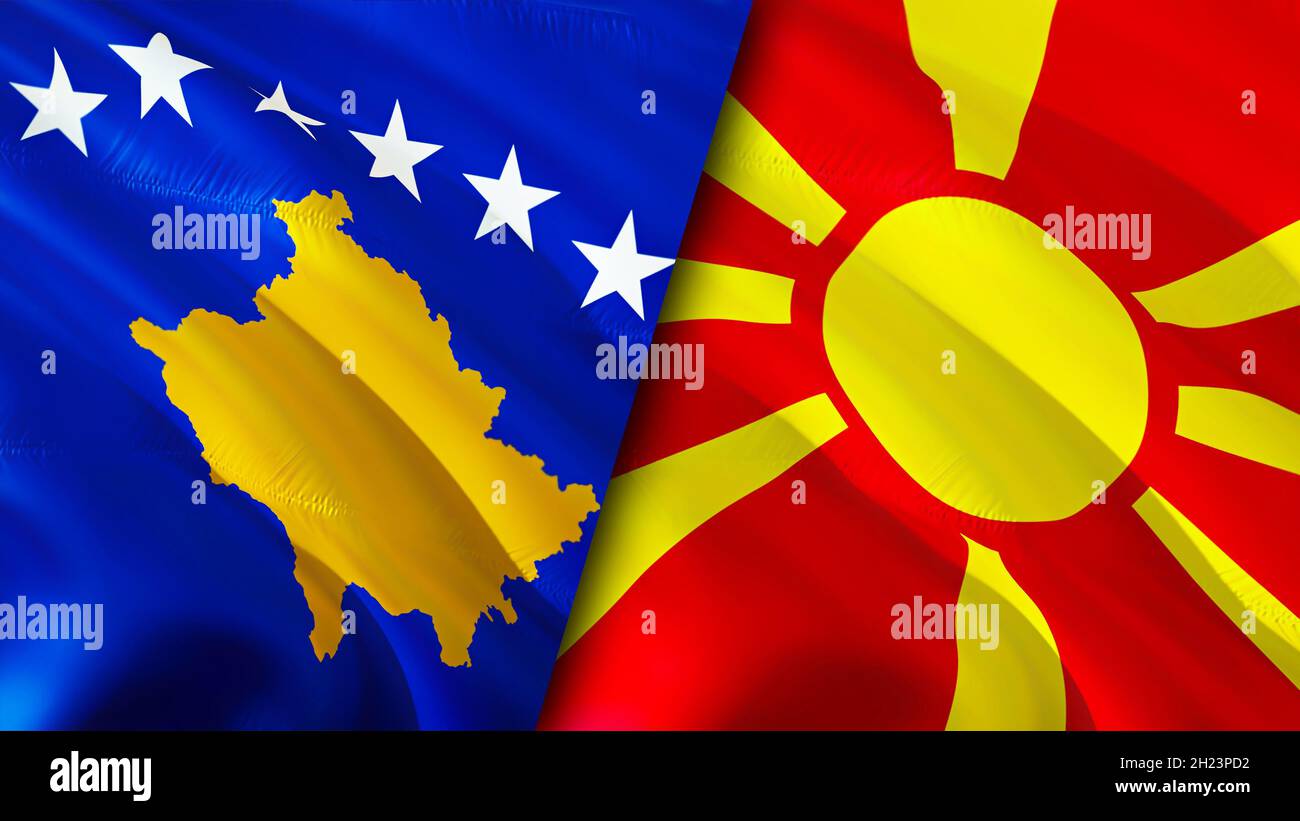 Kosovo and North Macedonia flags. 3D Waving flag design. North ...