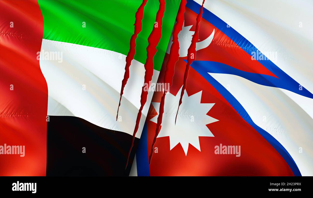 Emirates and Nepal flags with scar concept. Waving flag,3D rendering ...