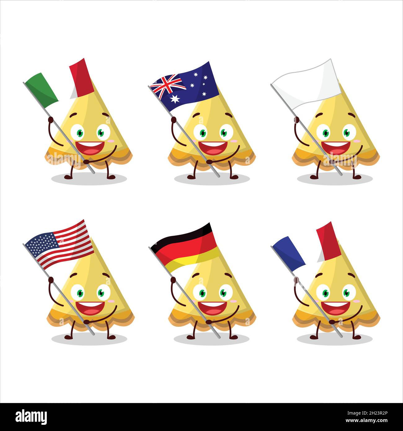 Slice of lemon tart cartoon character bring the flags of various ...
