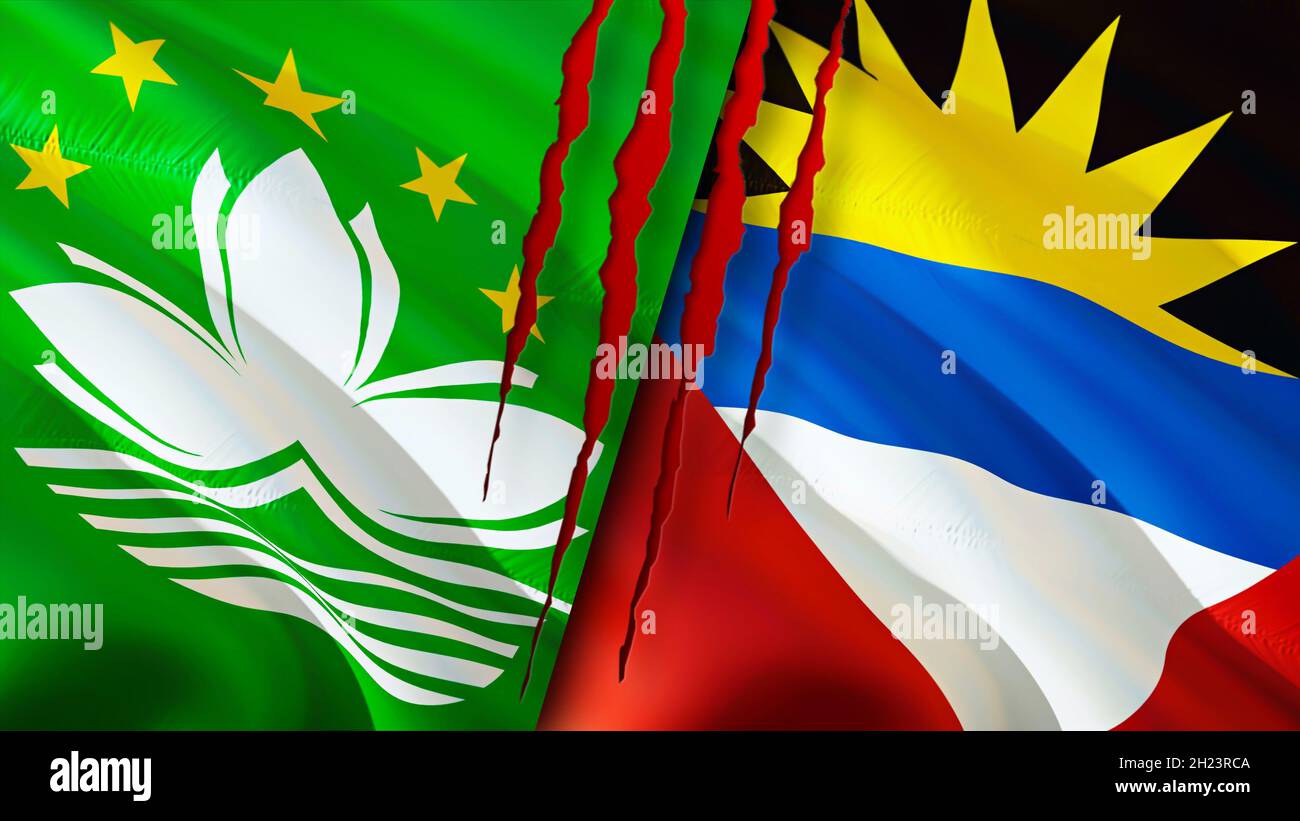 Macau and Antigua and Barbuda flags with scar concept. Waving flag,3D ...